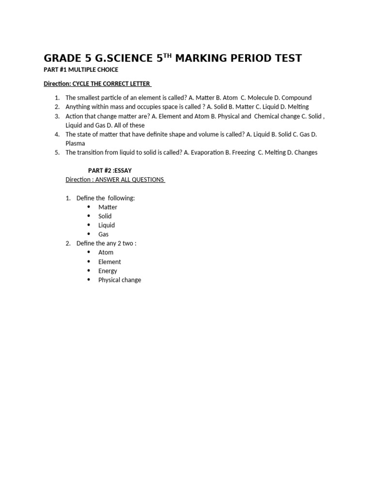 5th Grade G.science 5th Marking Period Test | PDF