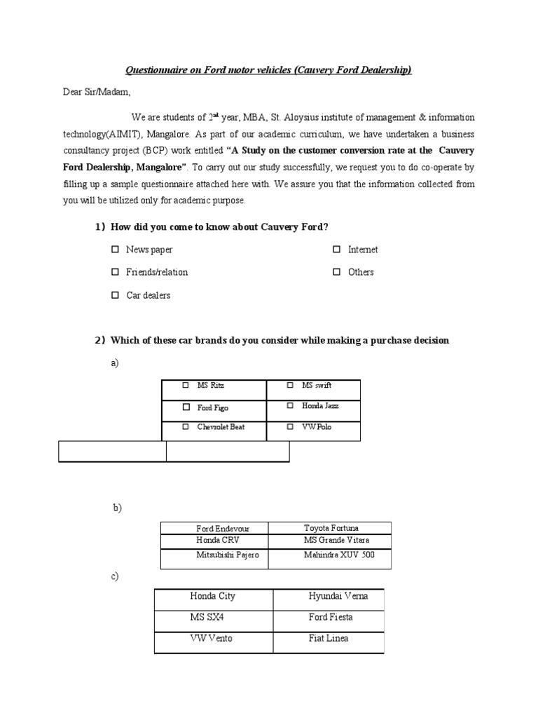Questionnaire On Ford Motor Vehicles (Cauvery Ford Dealership) | PDF ...
