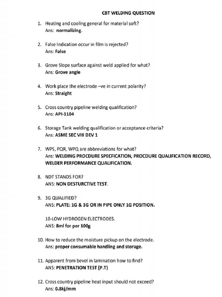 CBT Welding Questions With Answers - Download PDF | PDF