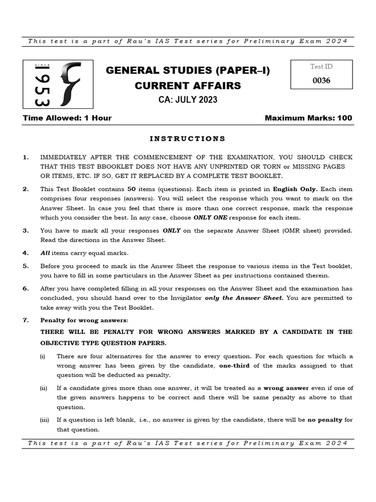 Rau's IAS Prelims 2024 Test 18 With Solution | PDF | Elementary ...