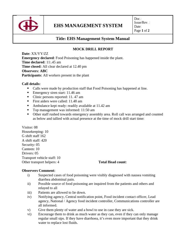 Food Poisoning Emergency Drill Report | PDF | Medical Specialties ...
