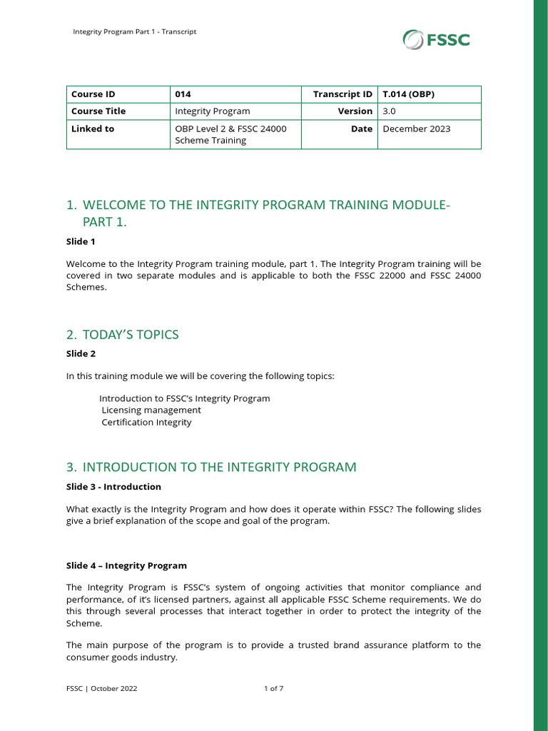 T.014 Integrity-Program-Part-1 V3.0 Transcript | PDF | Audit ...