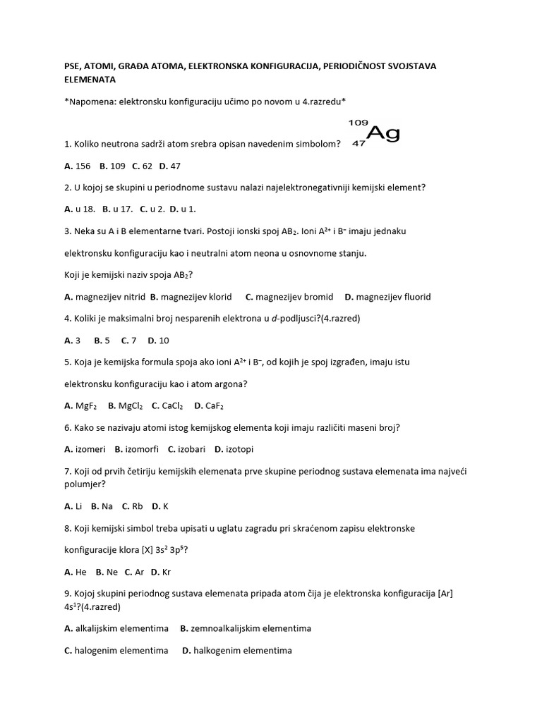 Pse, Atomi, Građa Atoma, Elektronska Konfiguracija, Periodičnost ...