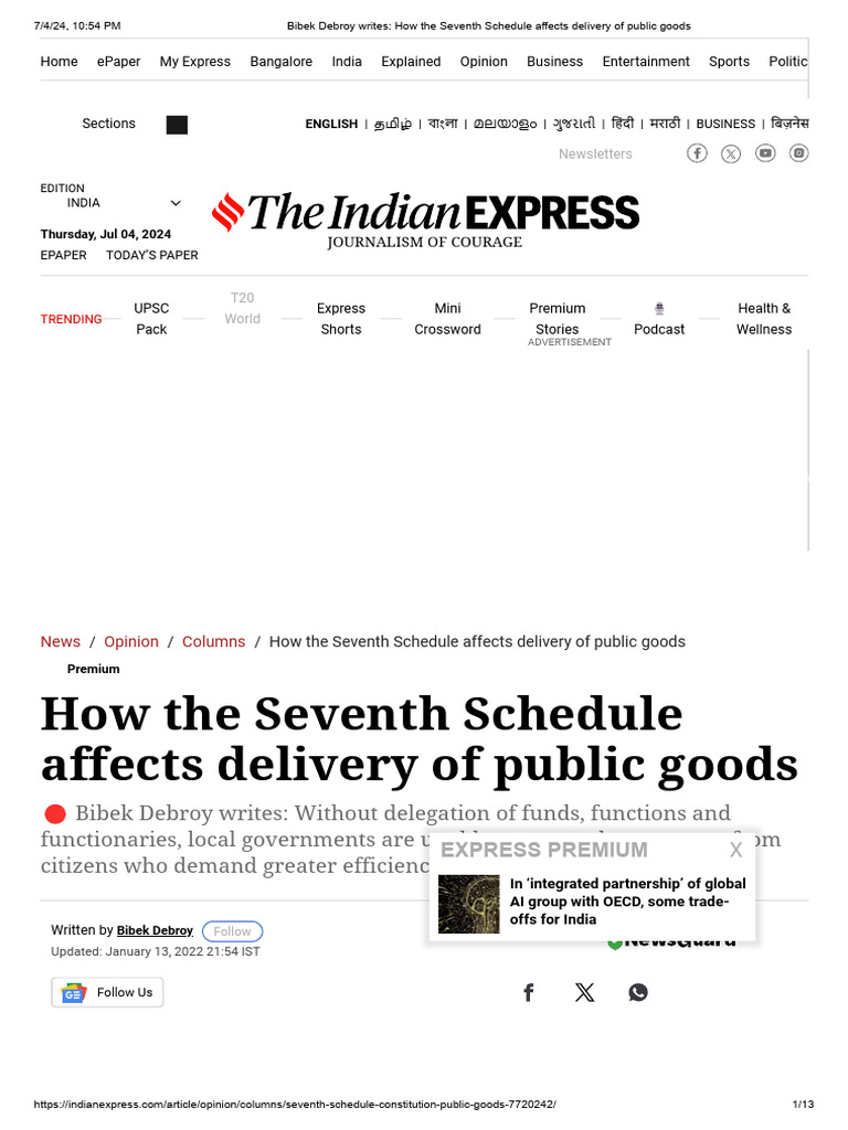 Bibek Debroy Writes - How The Seventh Schedule Affects Delivery of ...