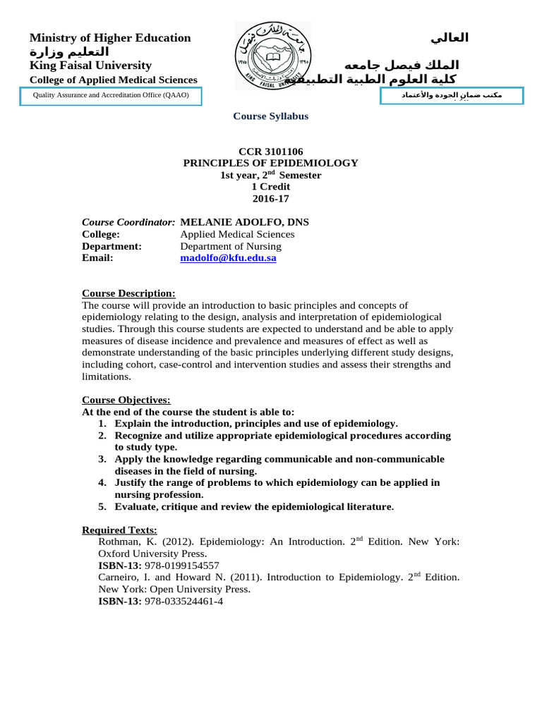 4.course Syllabus - Principles of EPI - 2017-2018 | PDF | Epidemiology | Lecture
