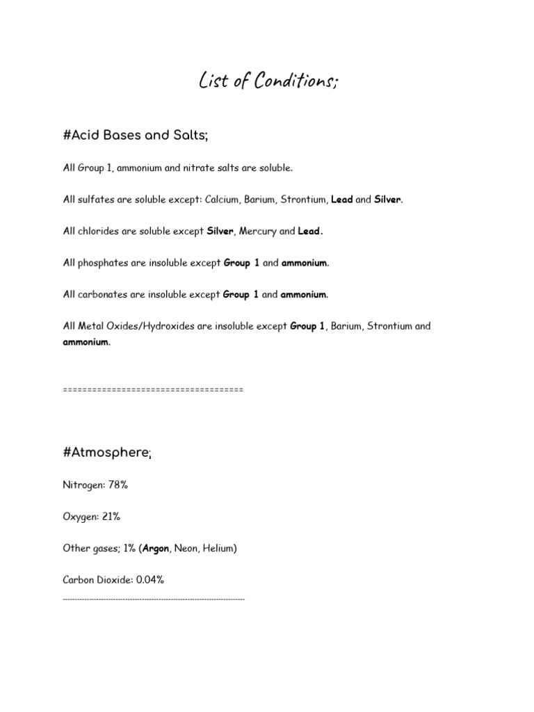 List of Conditions | PDF | Solubility | Catalysis