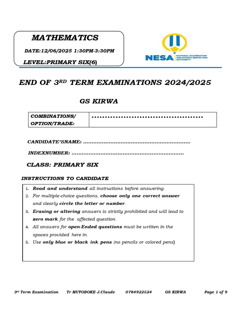 Mathematics Examination Term 3 | PDF | Numbers | Arithmetic
