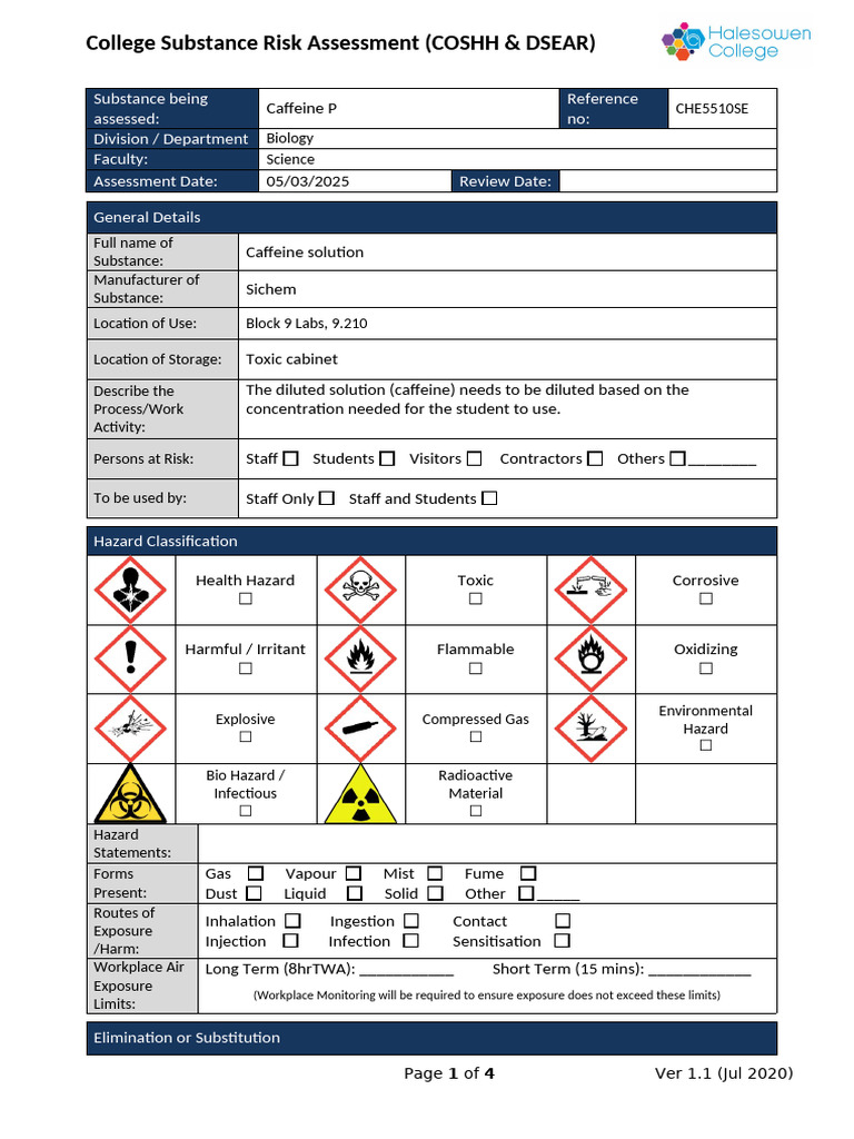 COSHH Risk Assessment Template | PDF | Toxicity | Hazards
