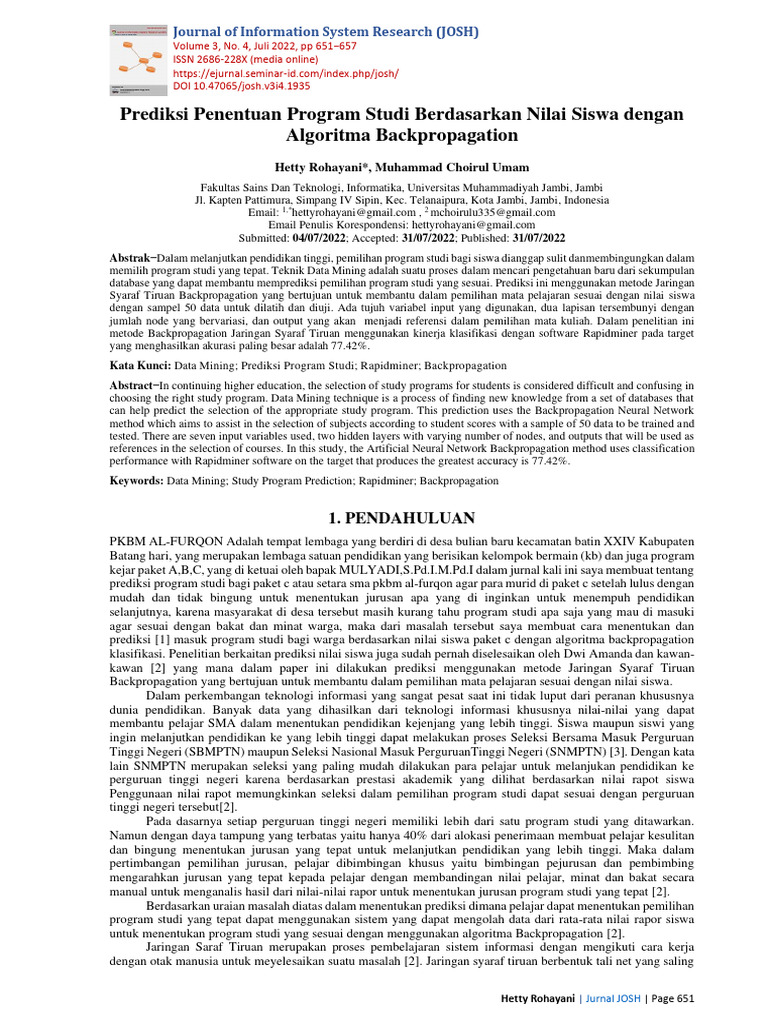 Prediksi Penentuan Program Studi Berdasarkan Nilai Siswa Dengan Algoritma Backpropagation | PDF
