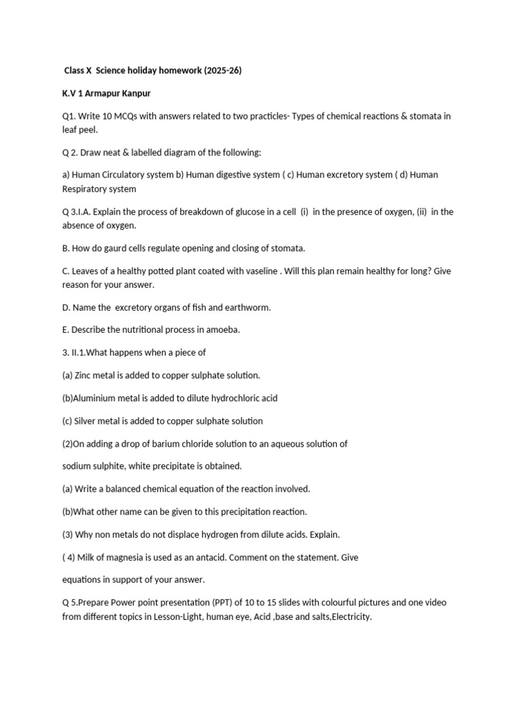 10 Sci h.hw ( Summer Vacation) | PDF