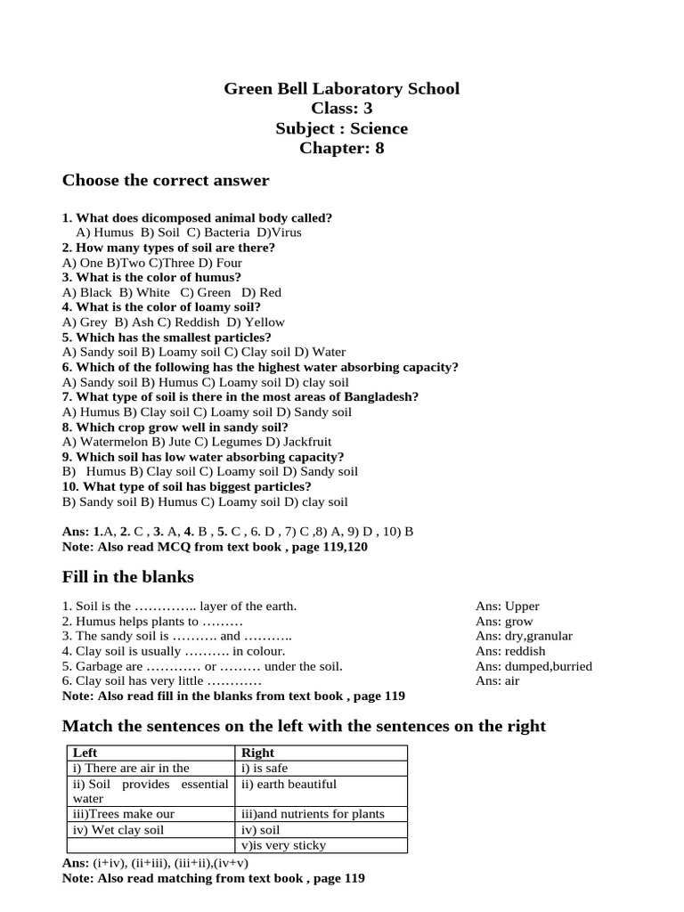 Class 3 Science Sheet - Chapter 8 - GBLS | PDF | Soil | Loam
