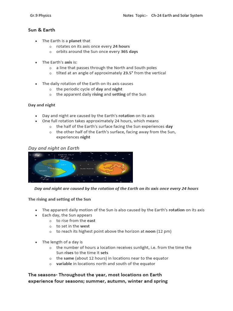 GR 9 Phy Ch-24 Earth and Solar System - Notes | PDF | Planets | Solar ...