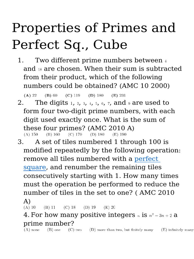 Properties of Primes and Perfect SQ, Cube | PDF