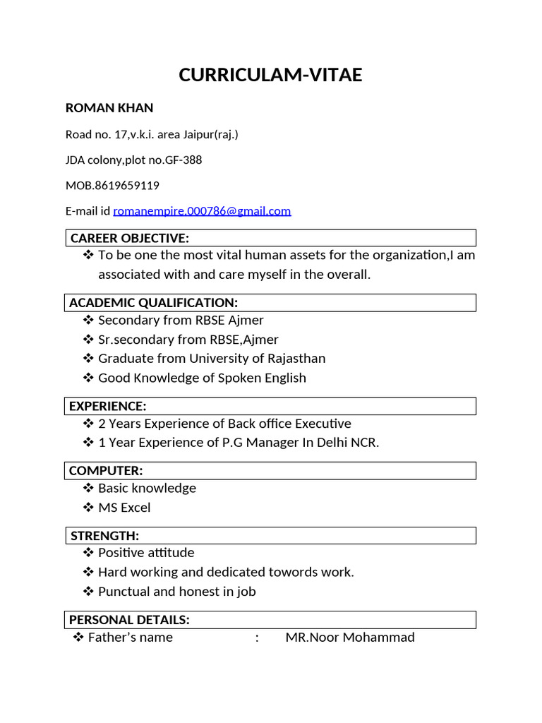 Roman Khan's CV and Nationality Details | PDF
