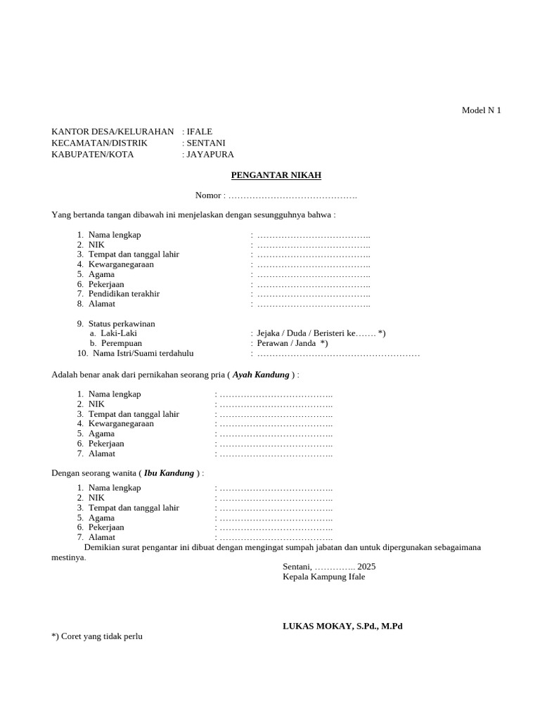 N1 2020 Pengantar Nikah Format | PDF