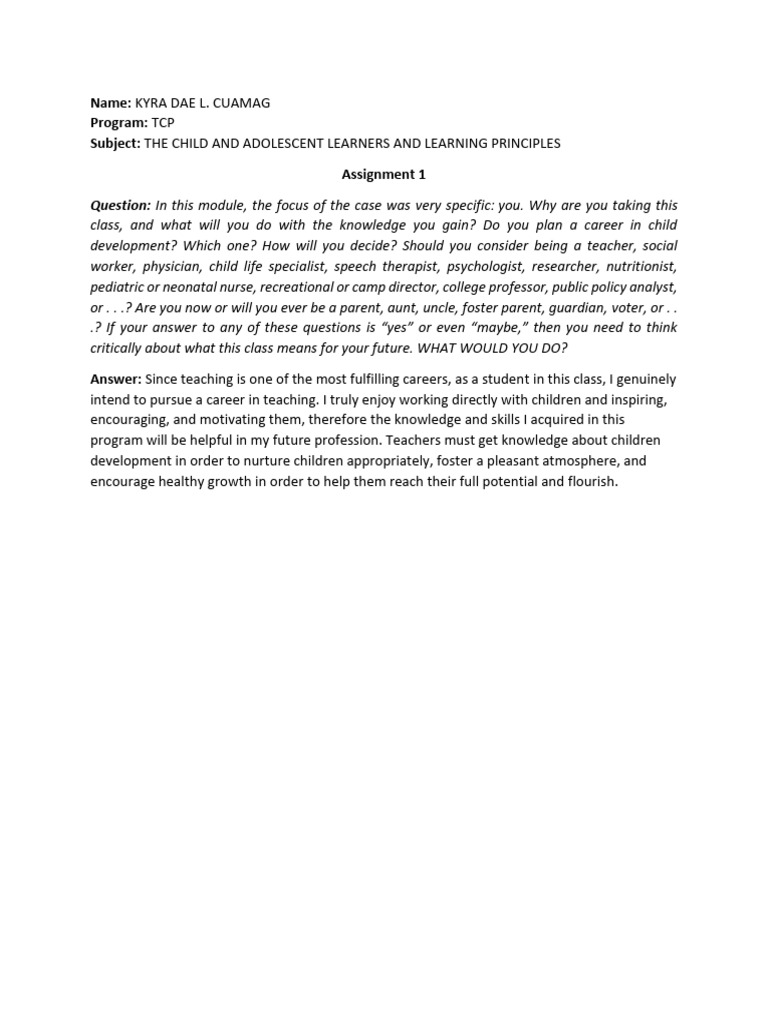 The Child and Adolescent Learners and Learning Principles-Module 1-Assignment 1 | PDF