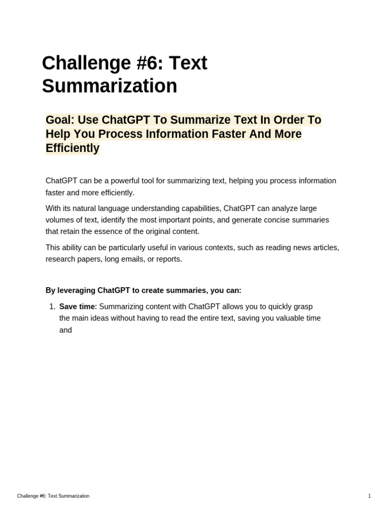 ChatGPT Accelerator Challenge #6 Text Summarization | PDF | Information ...