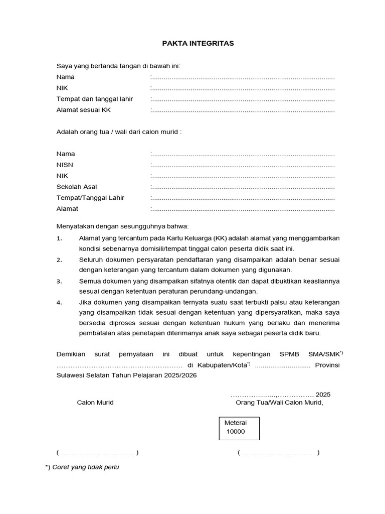 Pakta Integritas SPMB Sulsel 2025 | PDF
