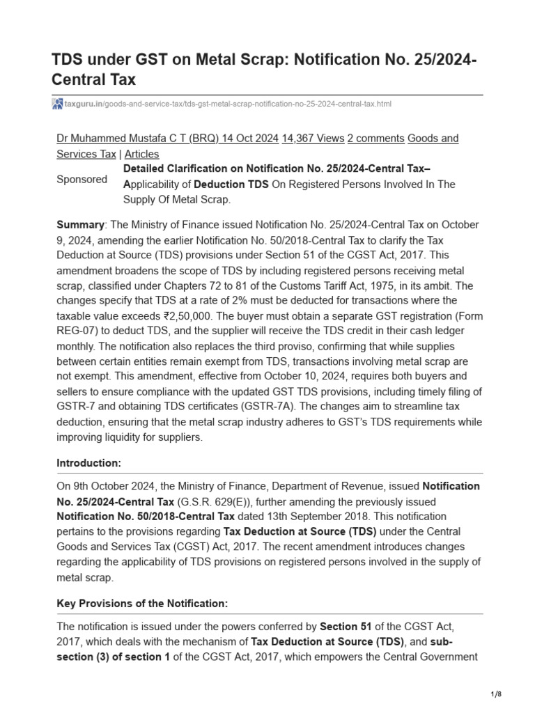 GST TDS on Metal Scrap: Notification 2024 | PDF | Taxes | Invoice