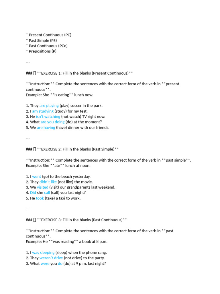 20 Exercises - Past Simple Cont Prep May23.2025 | PDF | Grammar ...