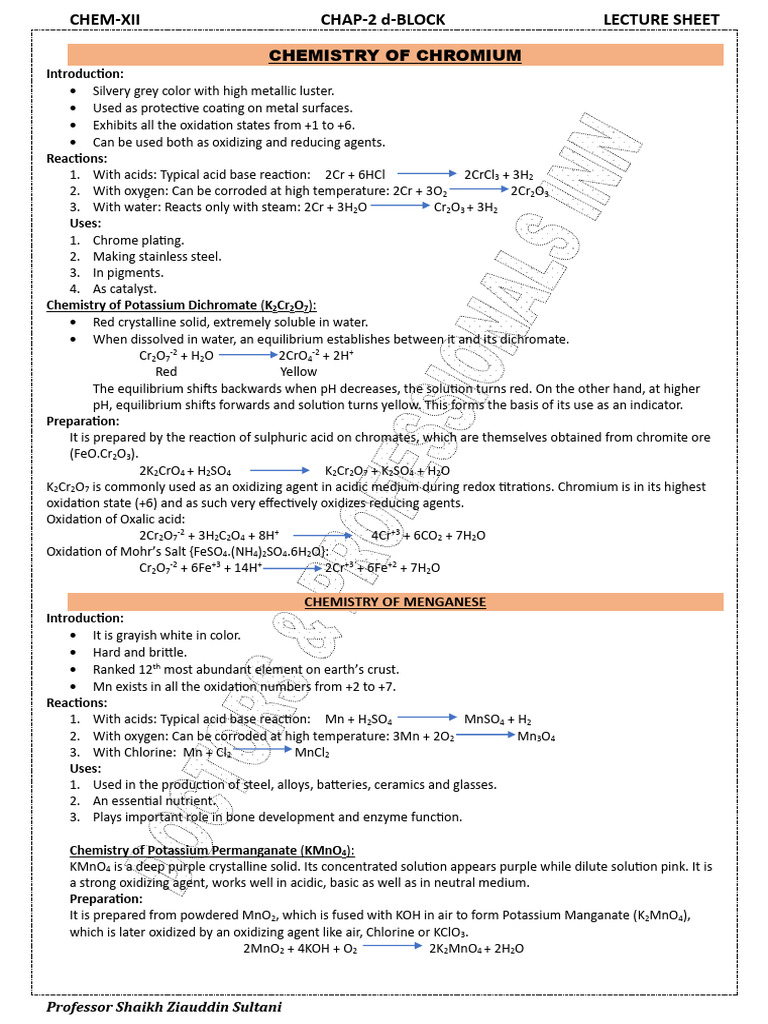 Chemistry of d-Block Elements Overview | PDF | Copper | Chromium
