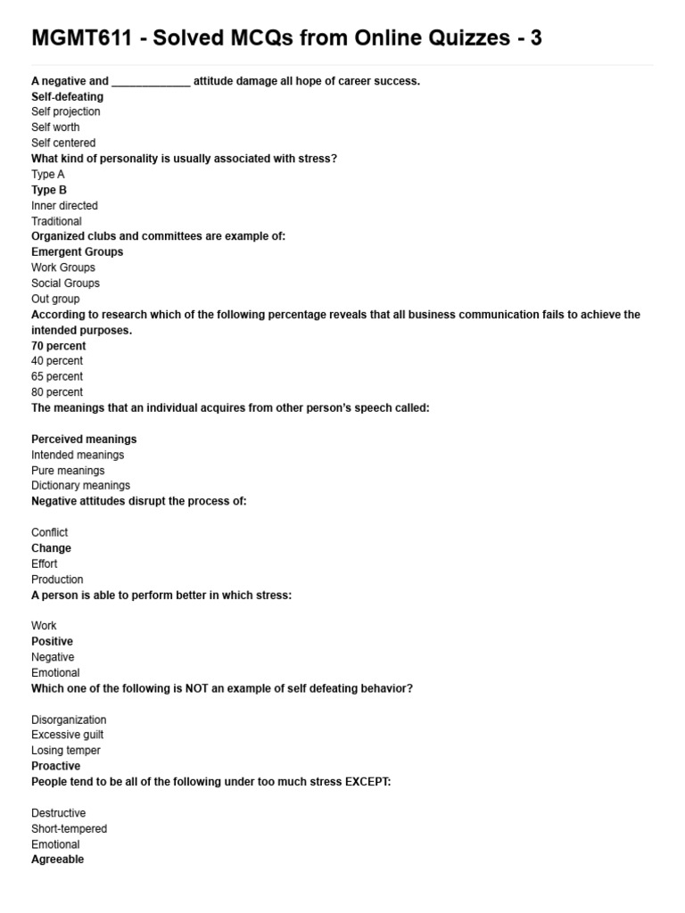 MGMT611 - Solved MCQs From Online Quizzes - 3 | PDF | Attitude ...
