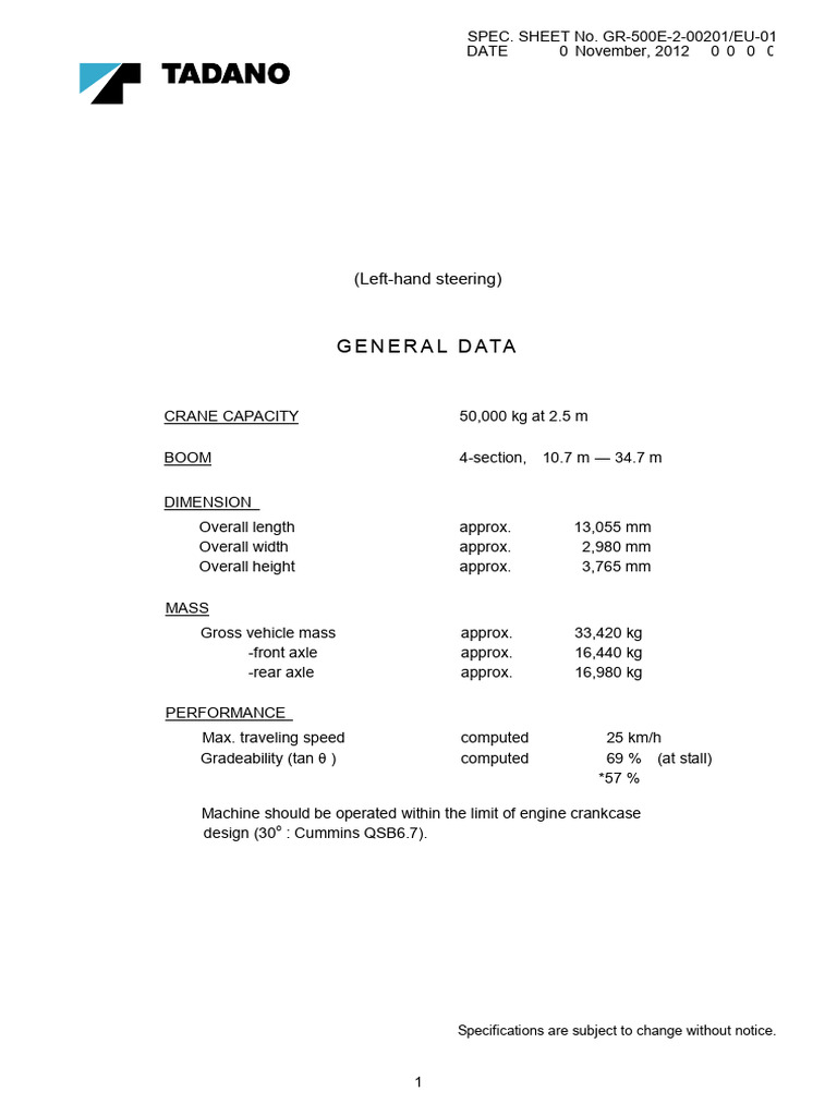 TADANO GR-500EX Rough Terrain Crane Specs | PDF | Crane (Machine) | Axle