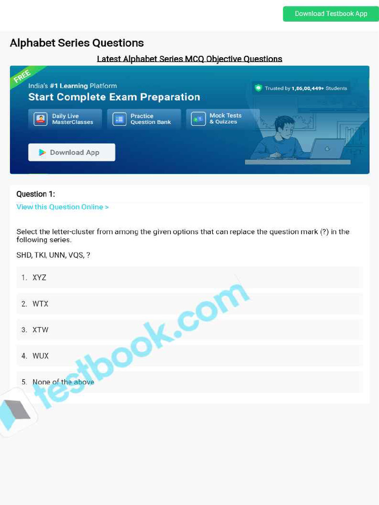 MCQ On Alphabet Series 5eea6a0e39140f30f369e488 | PDF