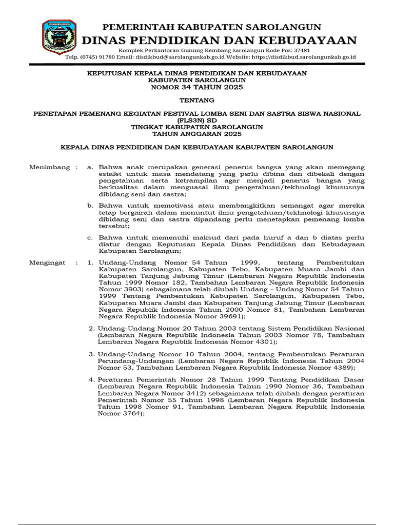 SK Pemenang Lomba FLS3N Jenjang SD Tingkat Kabupaten 2025 | PDF