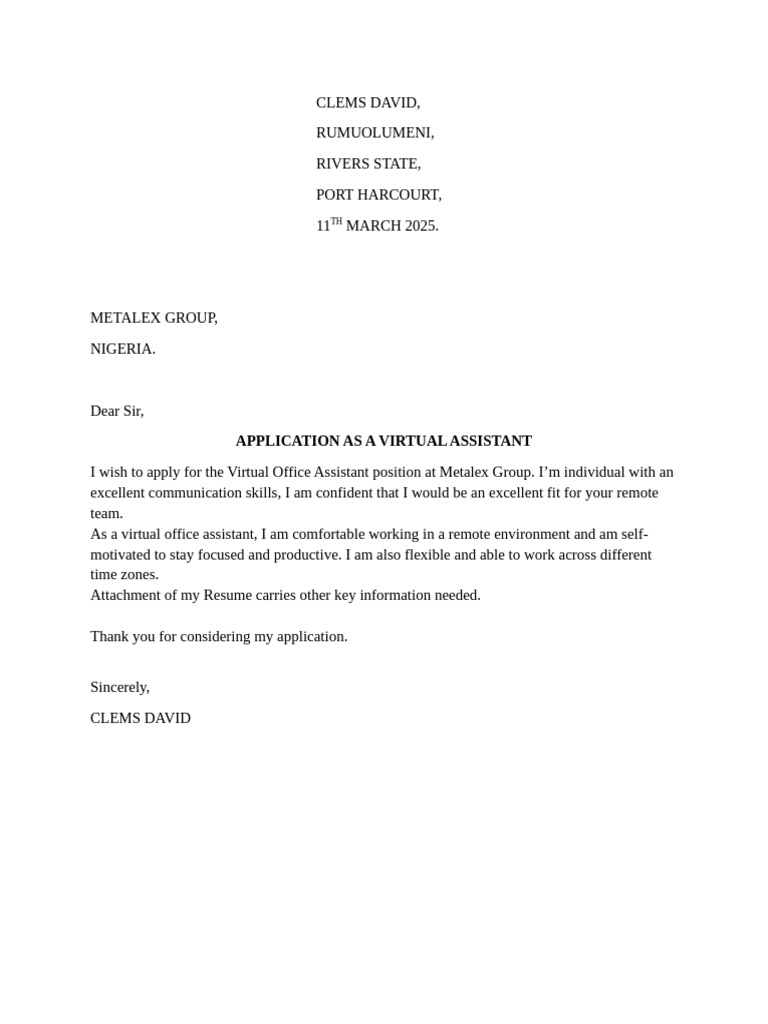Virtual Assistant Application Letter | PDF