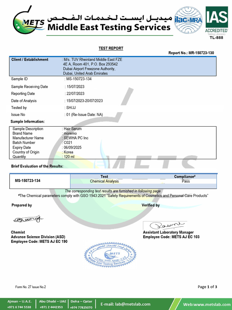 TUV Rheinland Middle East FZE Moremo Hair Serum Chem | PDF