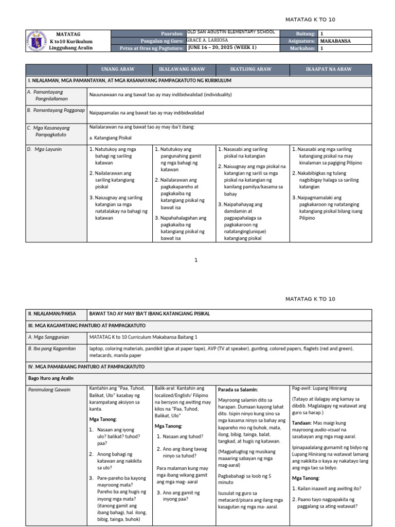 DLL Matatag - Makabansa 1 - Q1 - W1 | PDF