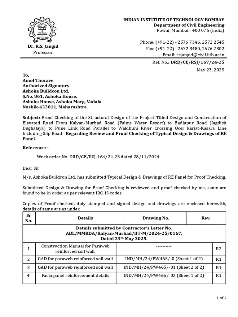 167 - IIT To ABL - Approval Draft Letter For Typical Design & Drawings ...