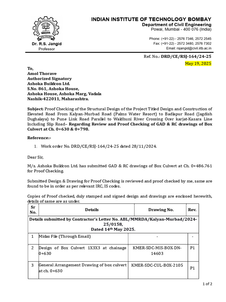 158 - IIT To ABL - Approval Draft Letter For GAD & RC Drawings For Box Culvert at Ch. 0 630 & 0 ...
