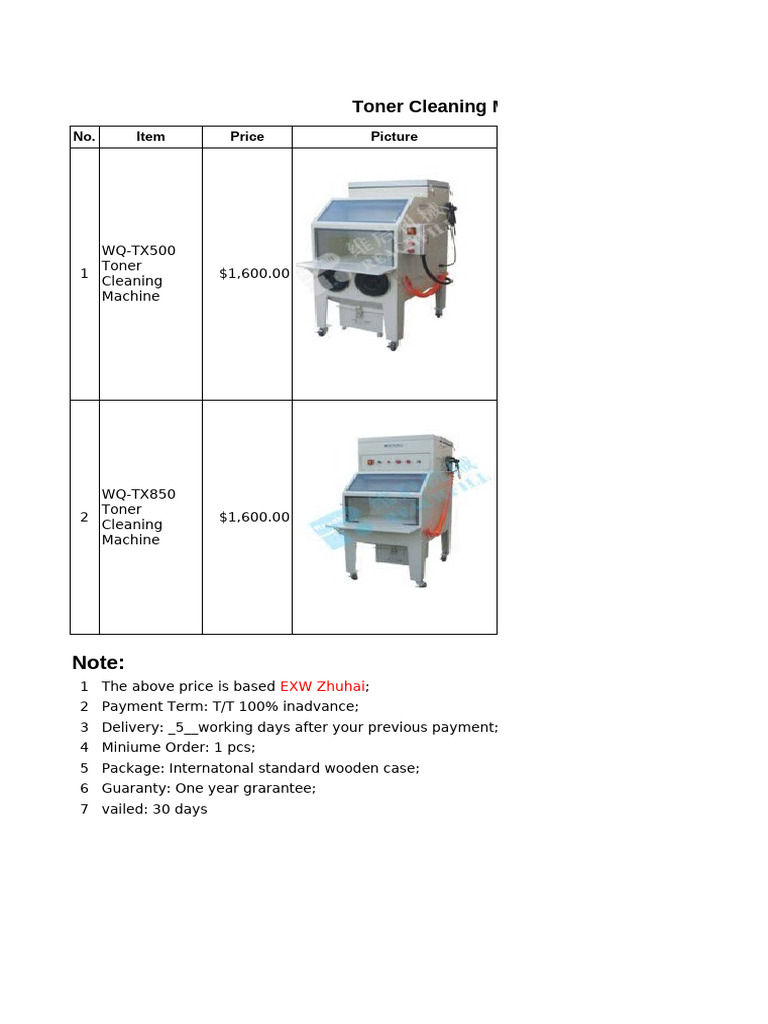 WQ-TX500&TX850 Toner Cleaning Machine | PDF