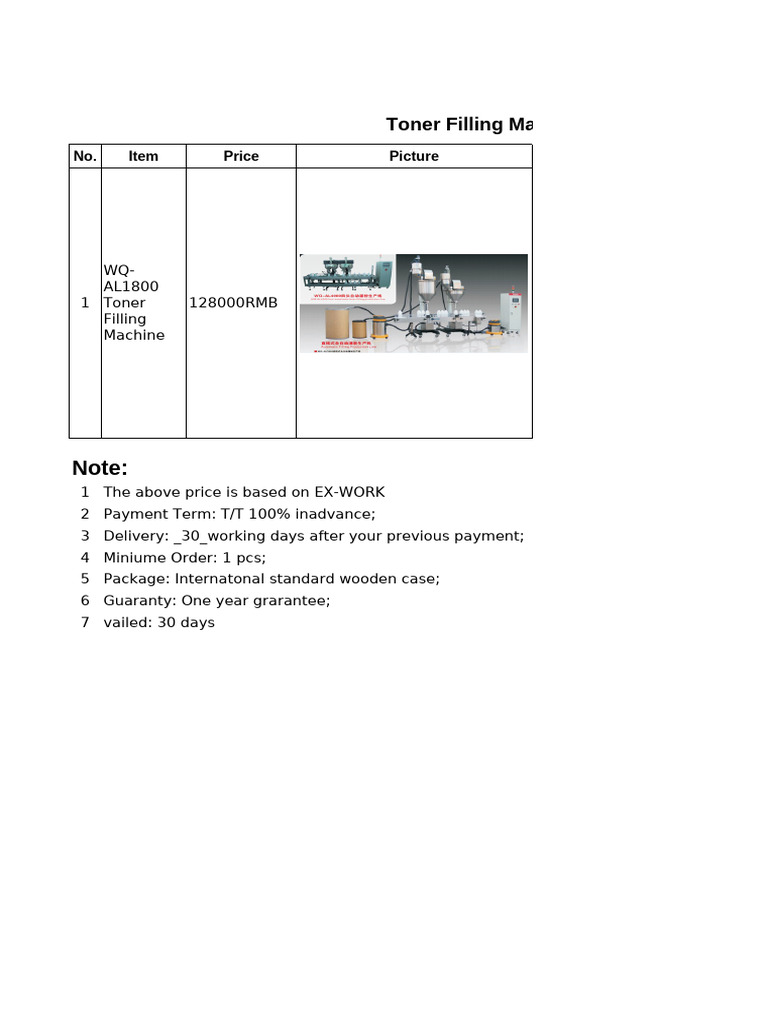 AL1800 Toner Filling Machine Details | PDF
