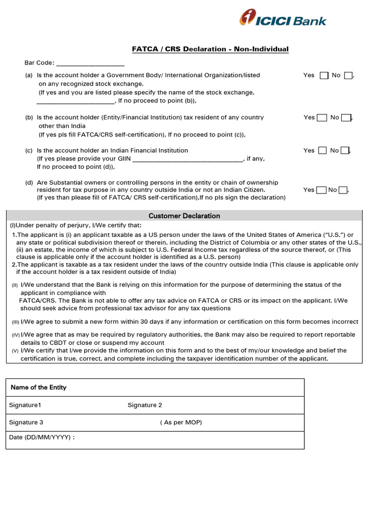 FATCA/CRS Declaration for Entities | PDF | Taxes | Government Finances