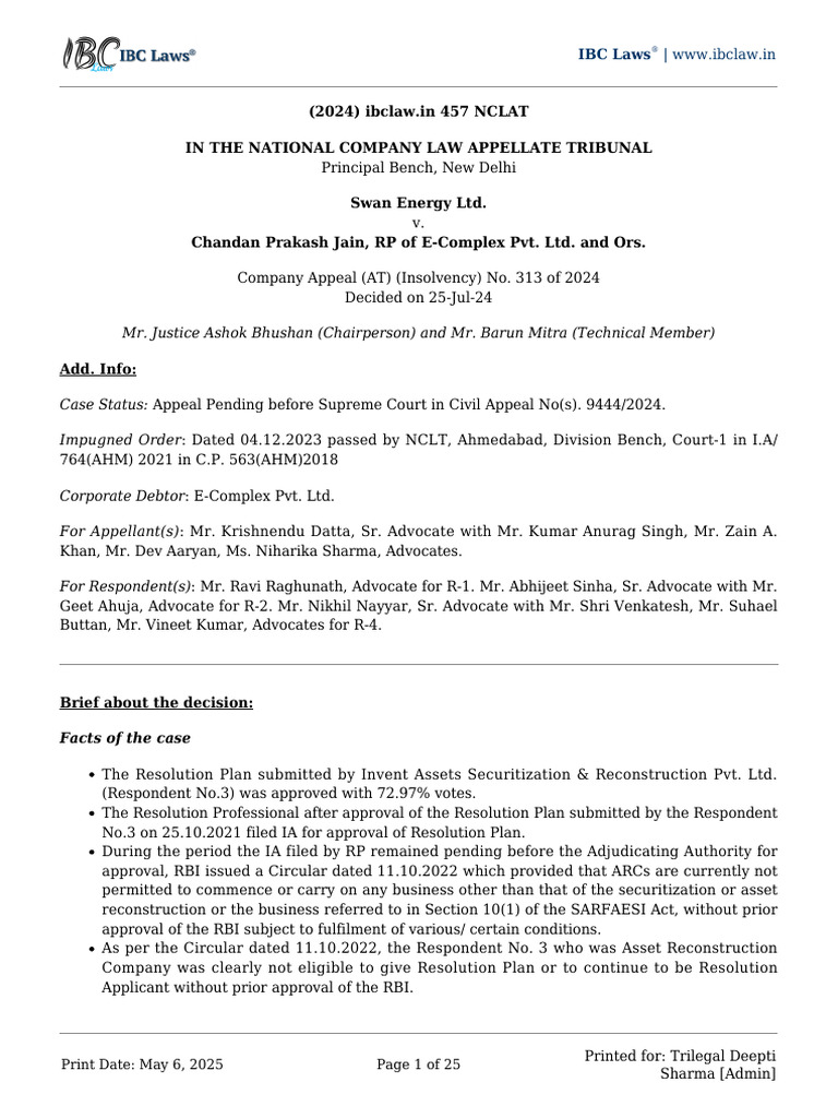 Swan Energy Ltd vs Chandan Prakash Jain Rp of e Complex Pvt Ltd and Ors ...