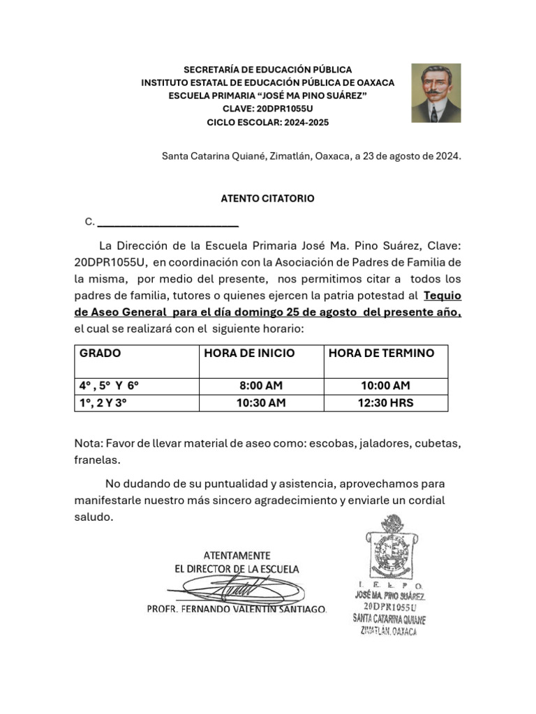 Citatorio Tequio General 2024-2025 | PDF