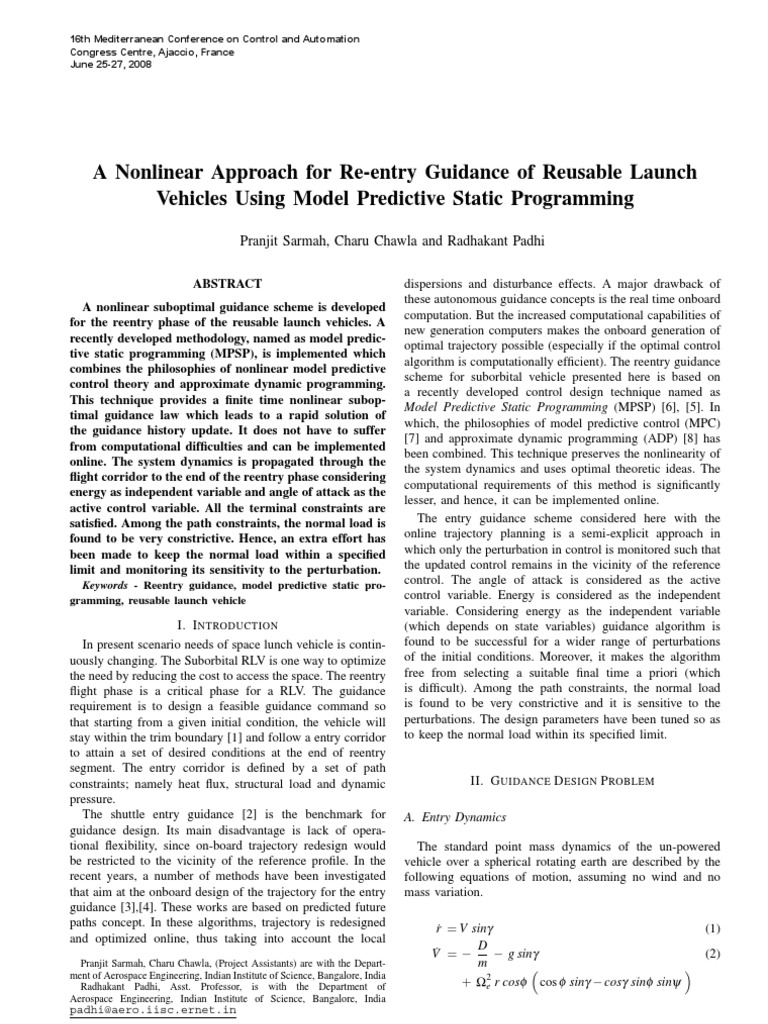 A Nonlinear Approach For Re-Entry Guidance of Reusable Launch Vehicles ...