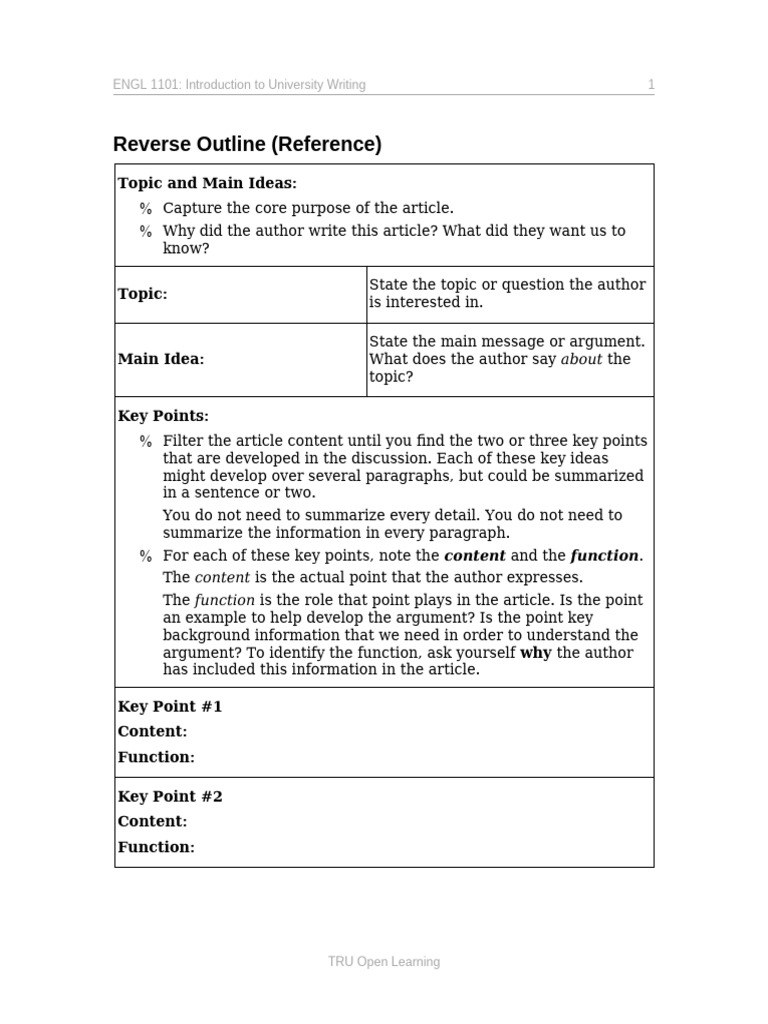 ENGL1101 Reverse Outline Reference | PDF