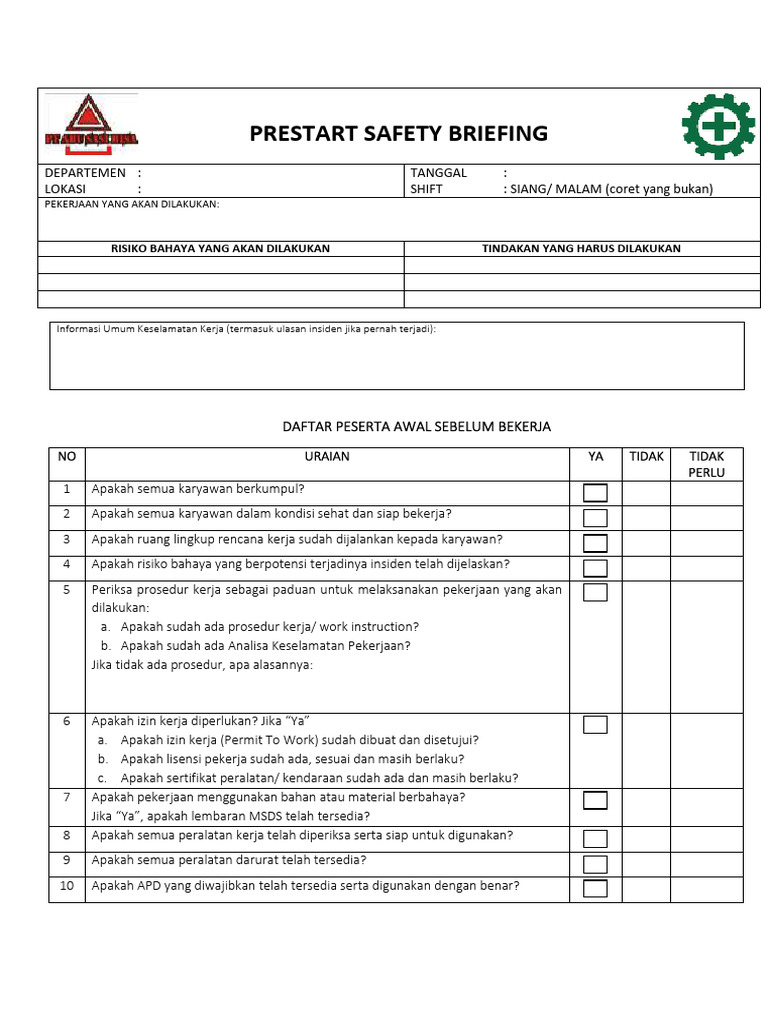 Asr - Prestart Safety Briefing | PDF