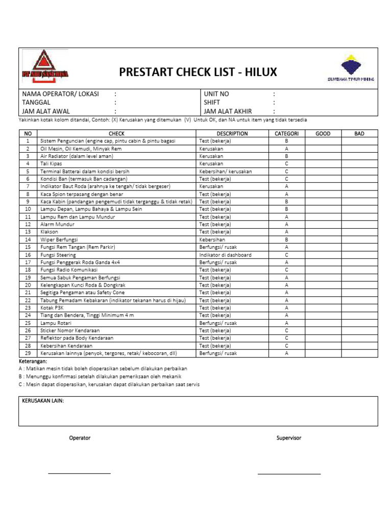 Asr - Prestart Check List Hilux | PDF