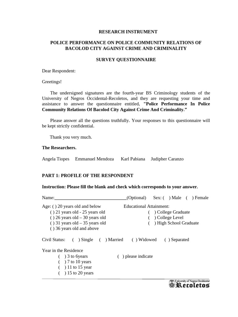 Survey Questionaires To Be Conducted Final | PDF | Questionnaire | Police