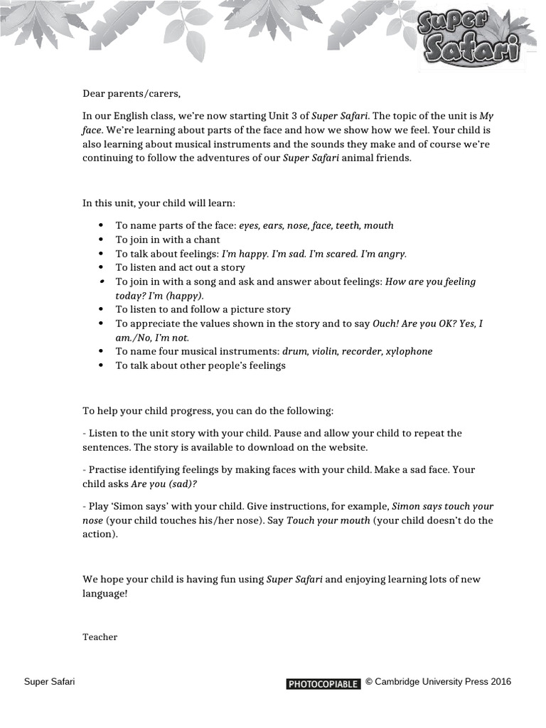 Super Safari Letter To Parents L3 U3 | PDF
