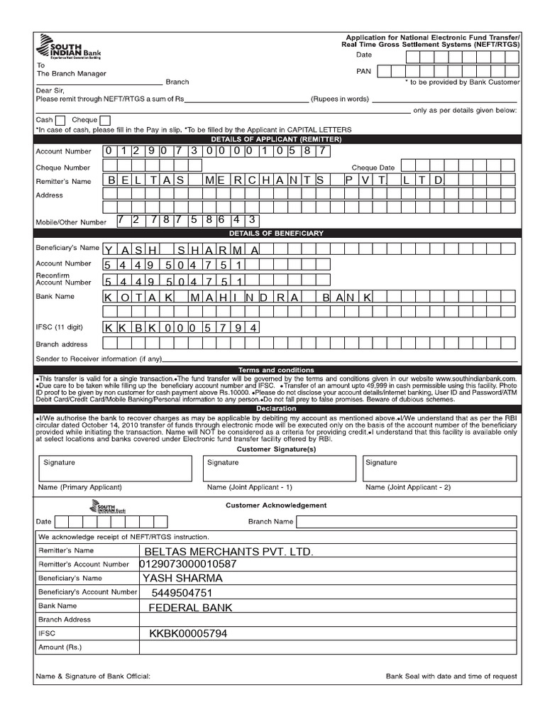 Neft Rtgs Form Sib Yash Sharma | PDF