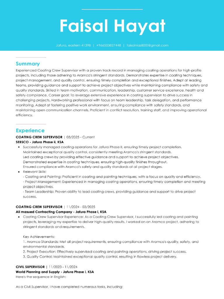 Faisal Coating Crew Supervisor | PDF