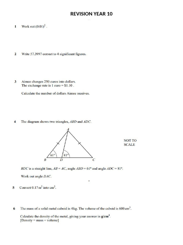 Revision Year 10 Test 1 | PDF
