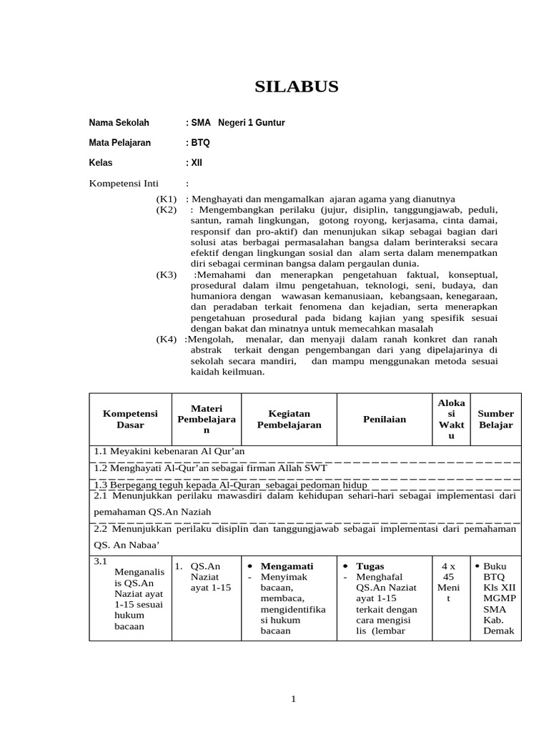 Silabus BTA Kelas XII k13 - MGMP | PDF