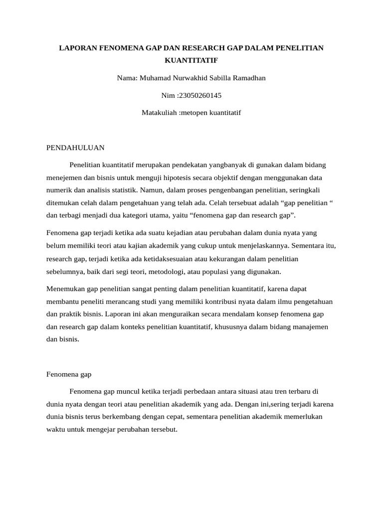 Laporan Fenomena Gap Dan Research Gap Dalam Penelitian Kuantitatif | PDF